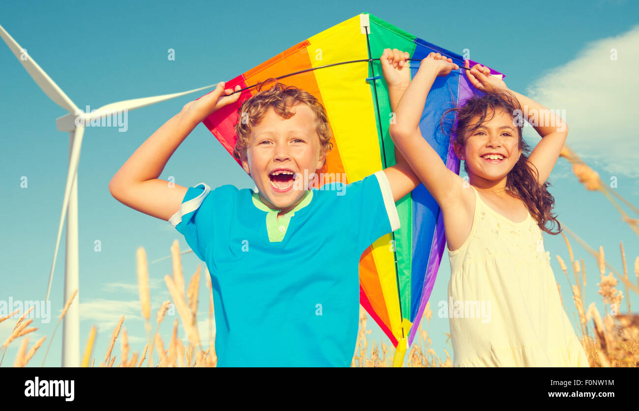 Children Playing Kite Happiness Cheerful Summer Concept Stock Photo - Alamy