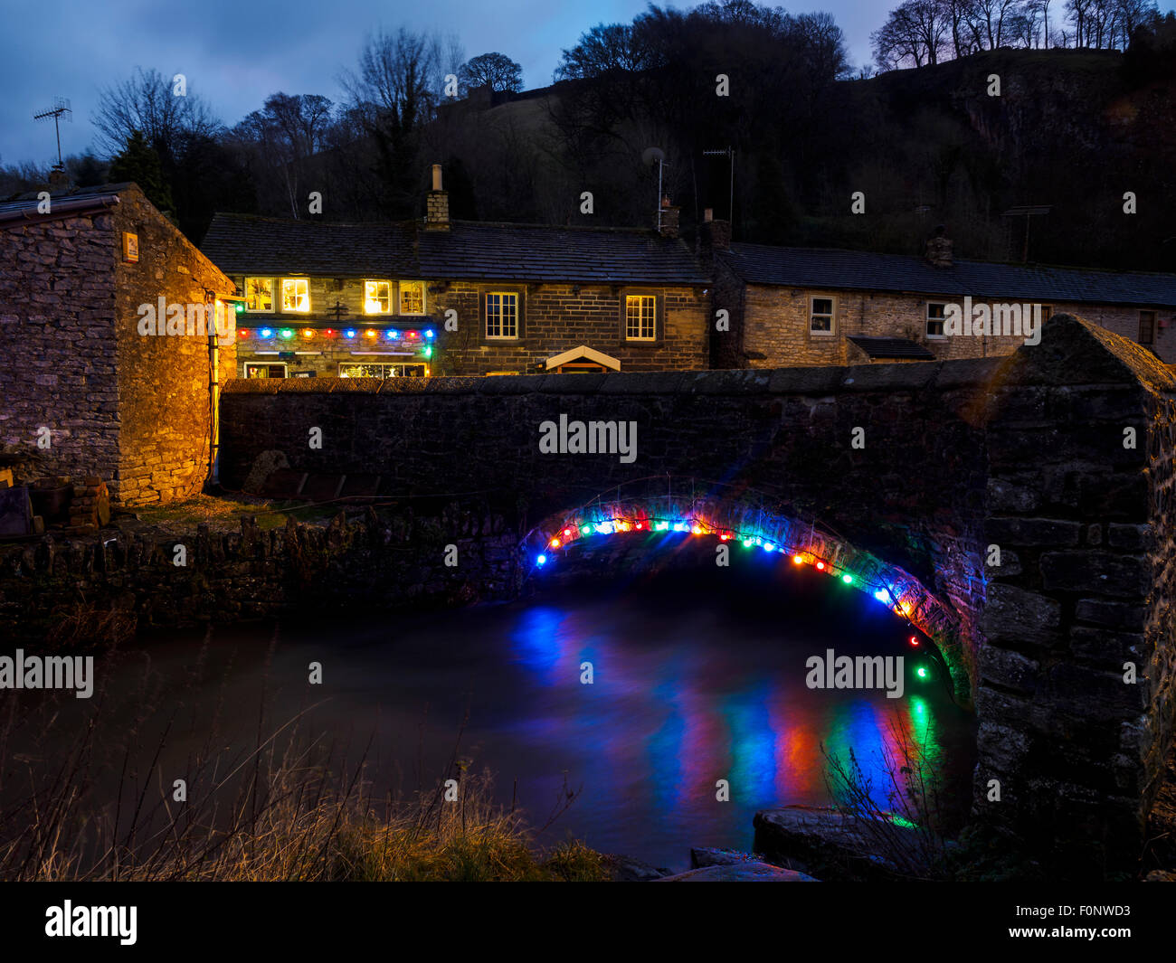 Christmas illuminations in the Peak District village of Castleton ...