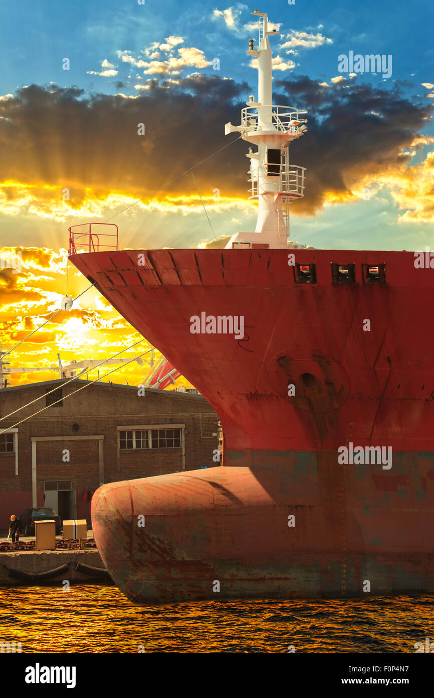 Ship moored at quay in shipyard - view from the bow Stock Photo - Alamy
