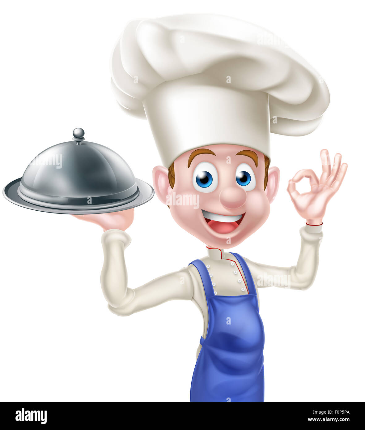 A cartoon happy chef character holding a platter or cloche and giving ...