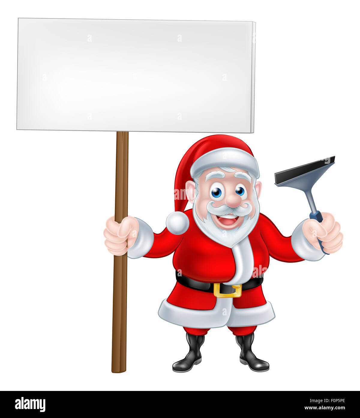 A Christmas cartoon of Santa Claus holding a sign and sqeegee window ...