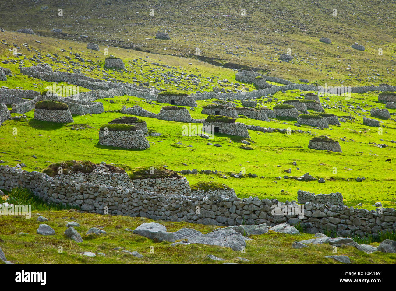 Stone buildings amongst ruins, Village Bay, St. Kilda, Outer Hebrides ...