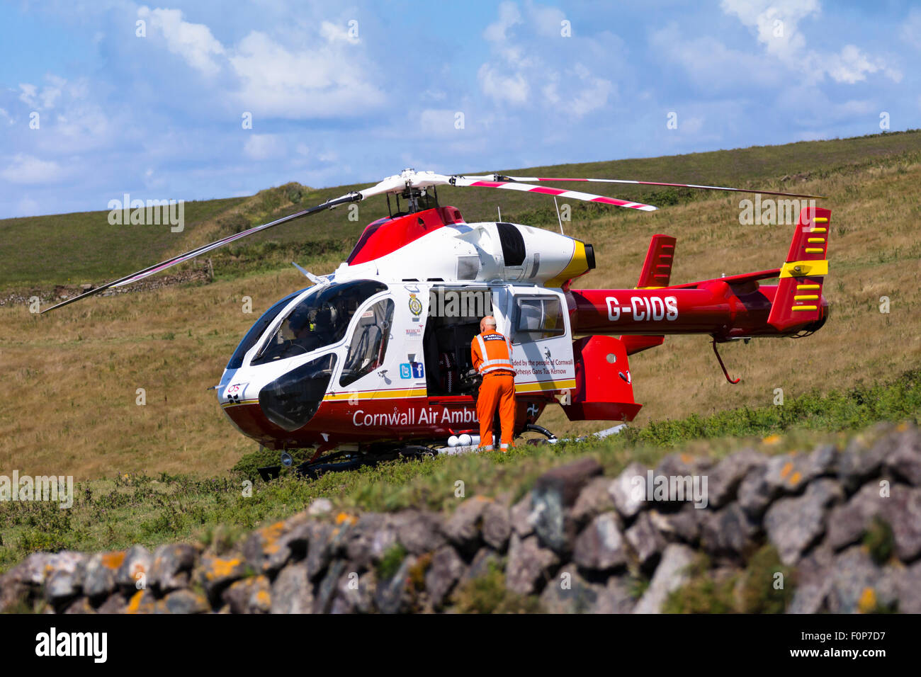 The Cornwall Air ambulance lands on a field at the Most Southerly Point ...
