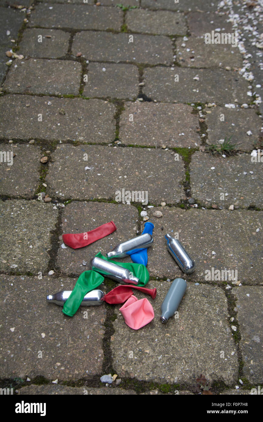 Small cylinders of Nitrous Oxide (Laughing Gas) and balloons used by ...