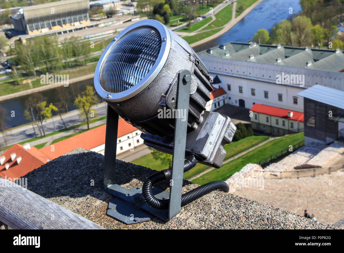 Close up side view of electric bulb, street light, on river view ...