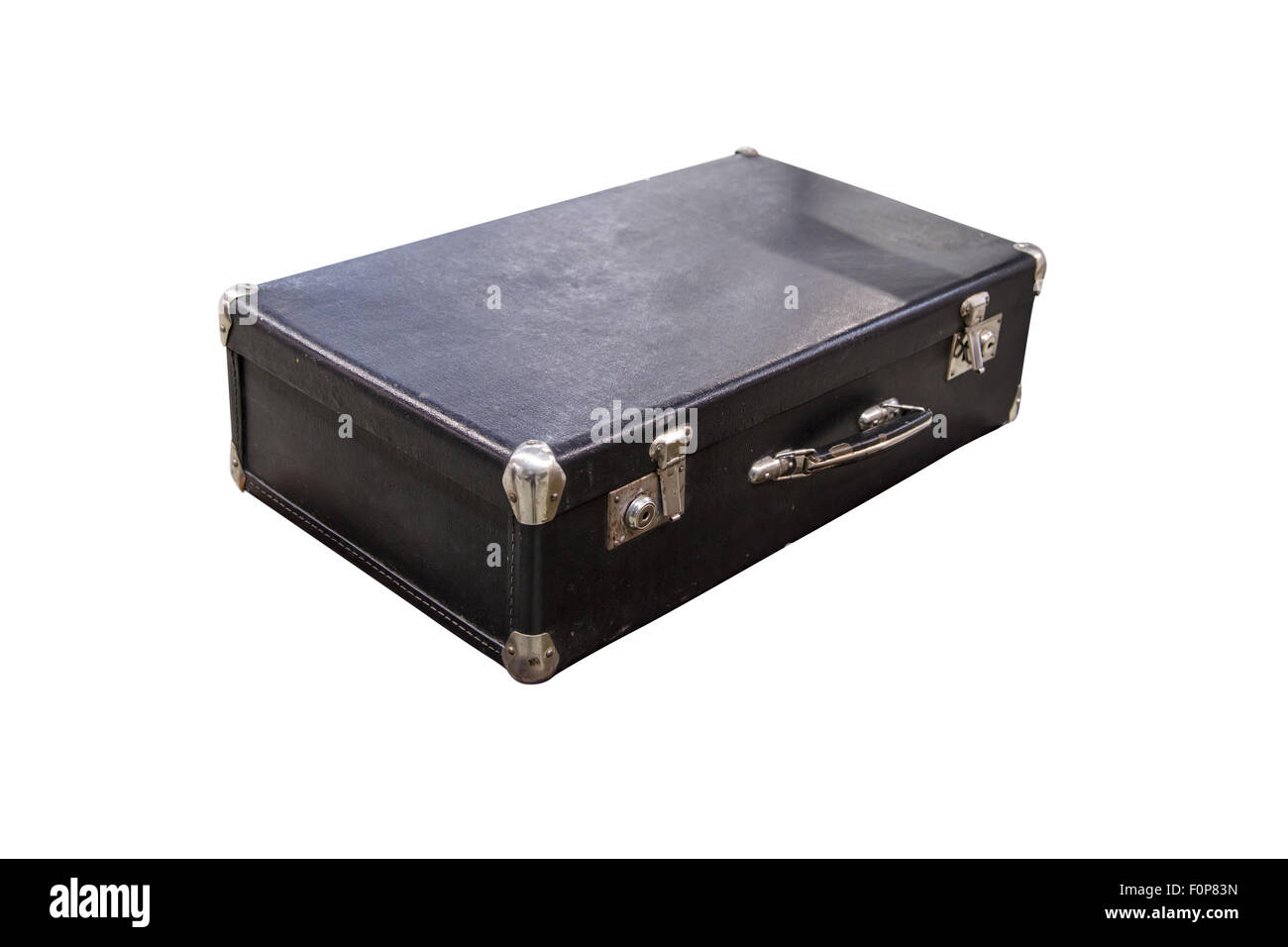 Side view of black leather suitcase with metal locks, isolated on white ...