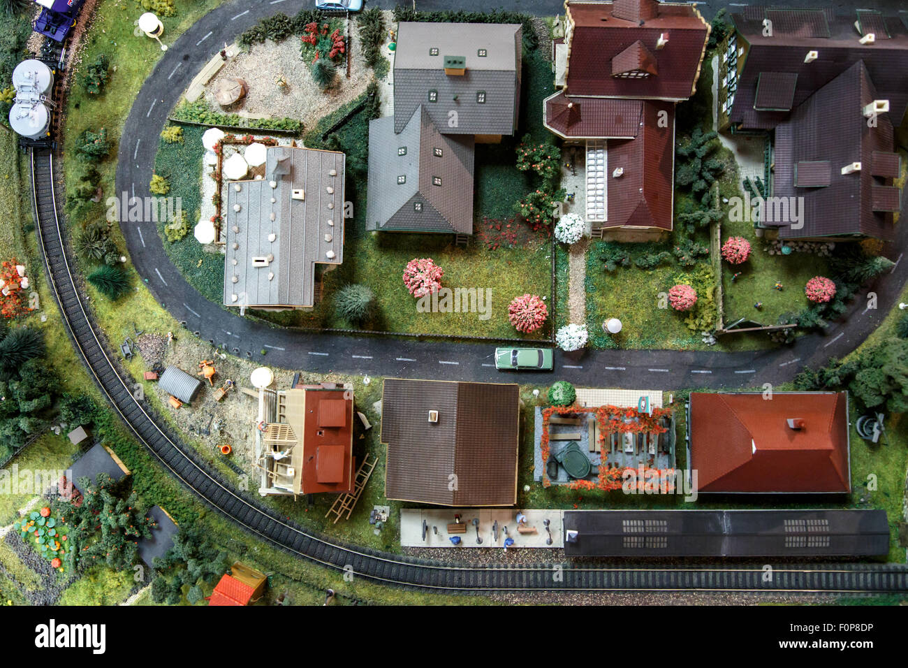 Top view of the miniature old city with train station and railways ...