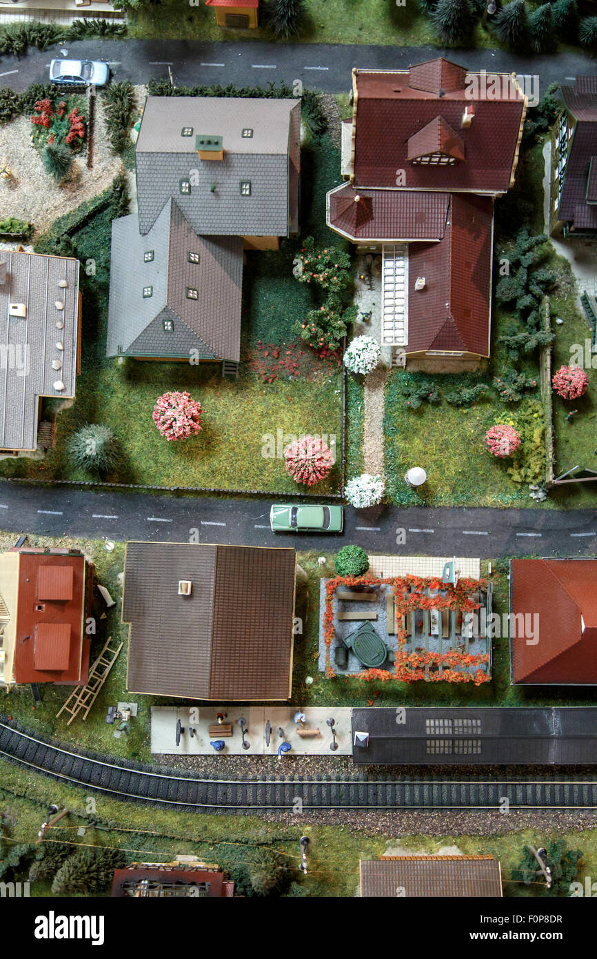 Top view of the miniature old city with train station and railways ...