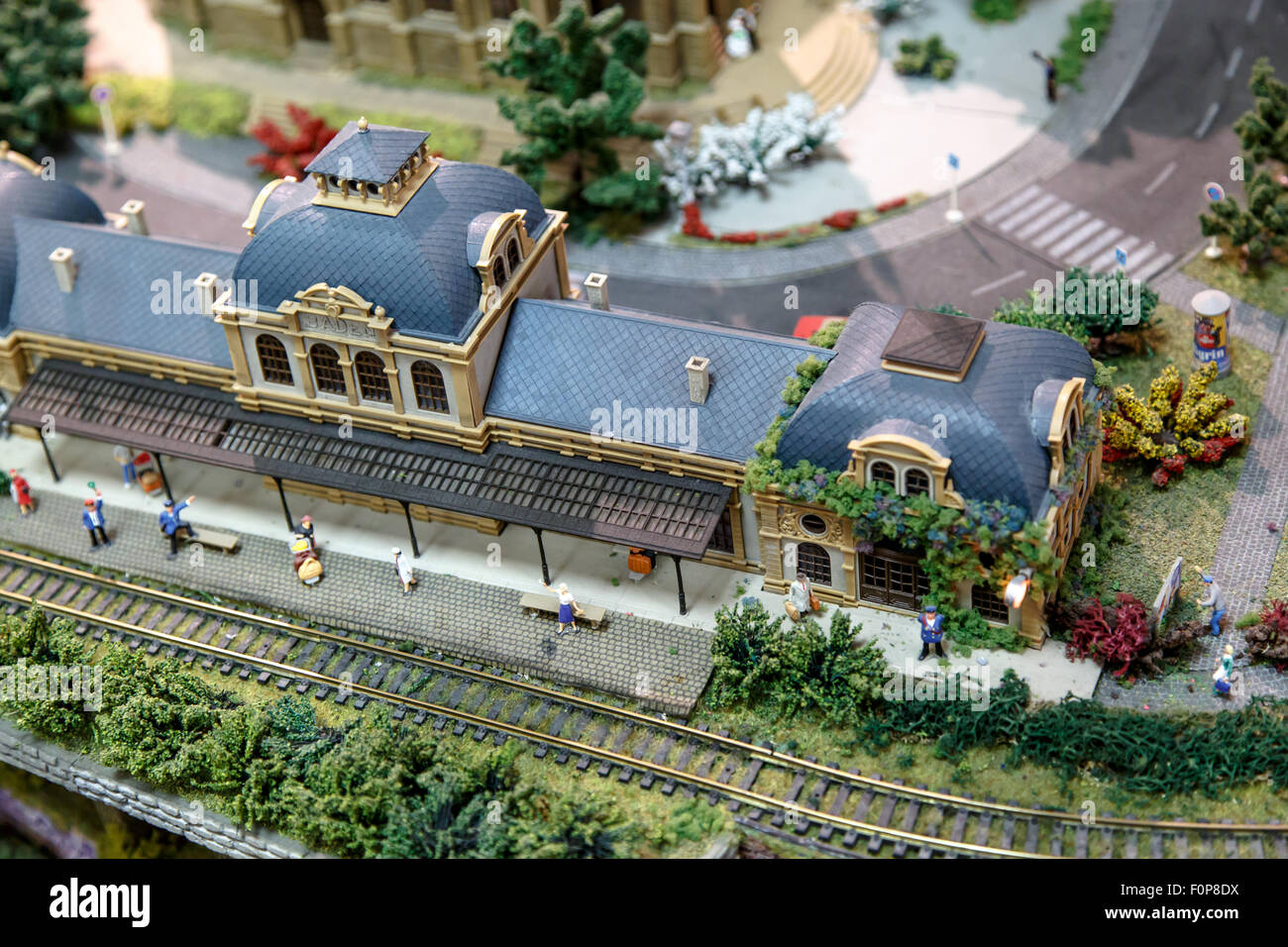 Top view of the miniature old city with train station and railways ...
