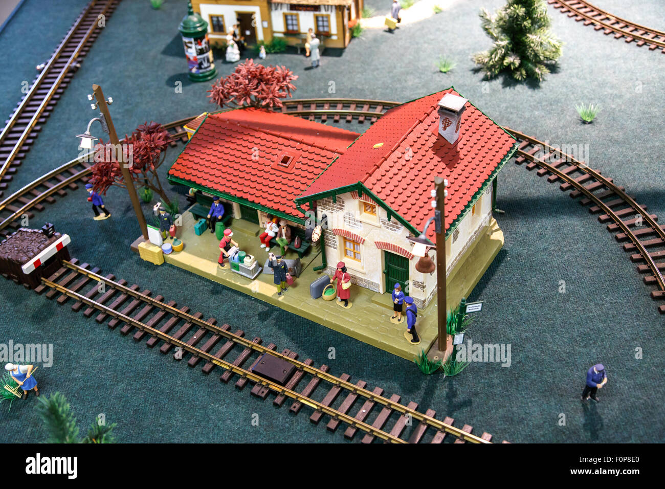 Top view of the miniature old city with train station and railways ...