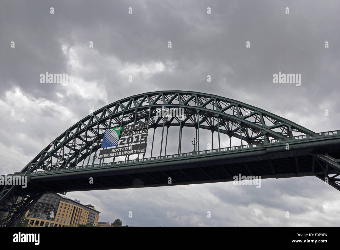 Tyne Bridge, Newcastle , with advertising banner for 2015 Rugby World ...