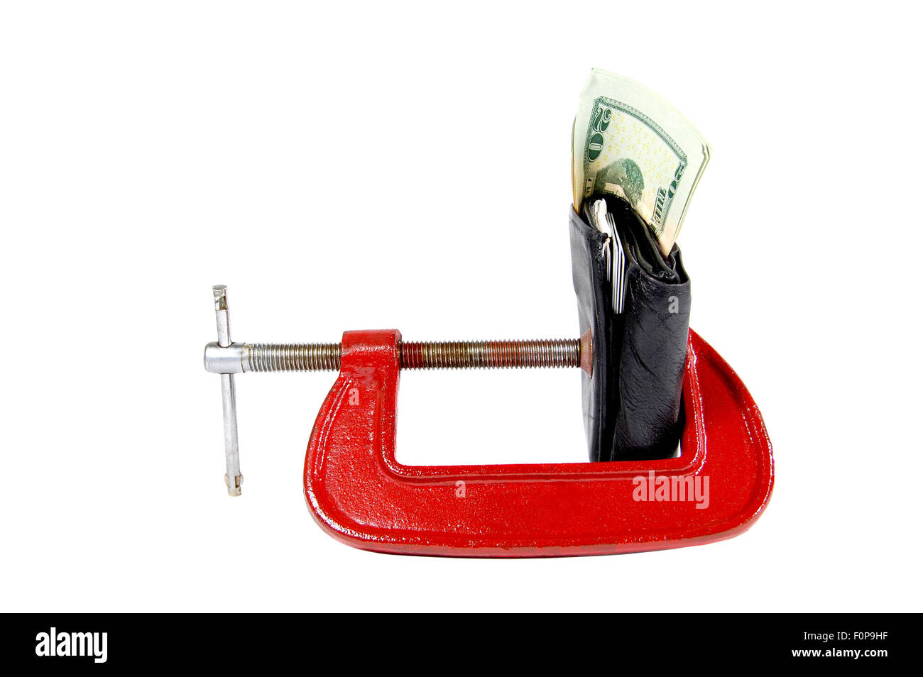 Wallet and dollar bills being squeeze by a press on white Stock Photo ...