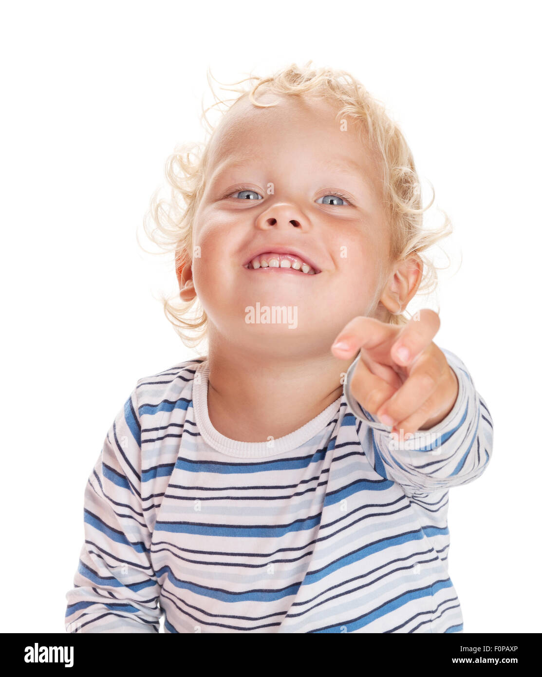 Happy baby shows his finger forward. Isolated on white background Stock ...