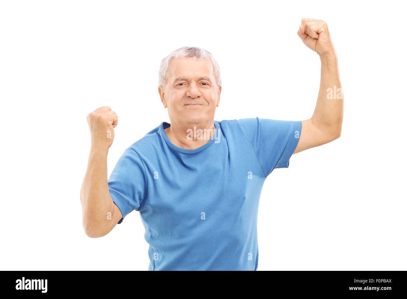 Happy senior standing on a weight scale isolated on white background ...