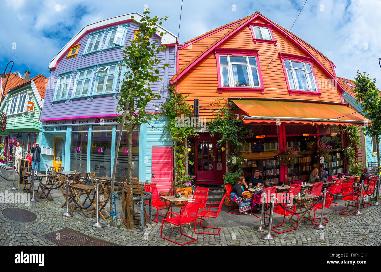 Colourful painted shop fronts along Øvre Holmegate, Stavanger, Norway ...