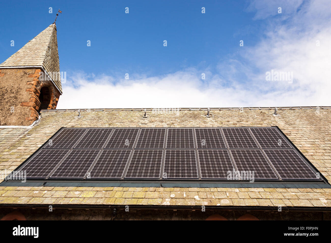 Solar panels on roof of St Paul’s Church, Pooley Bridge, Ullswater ...