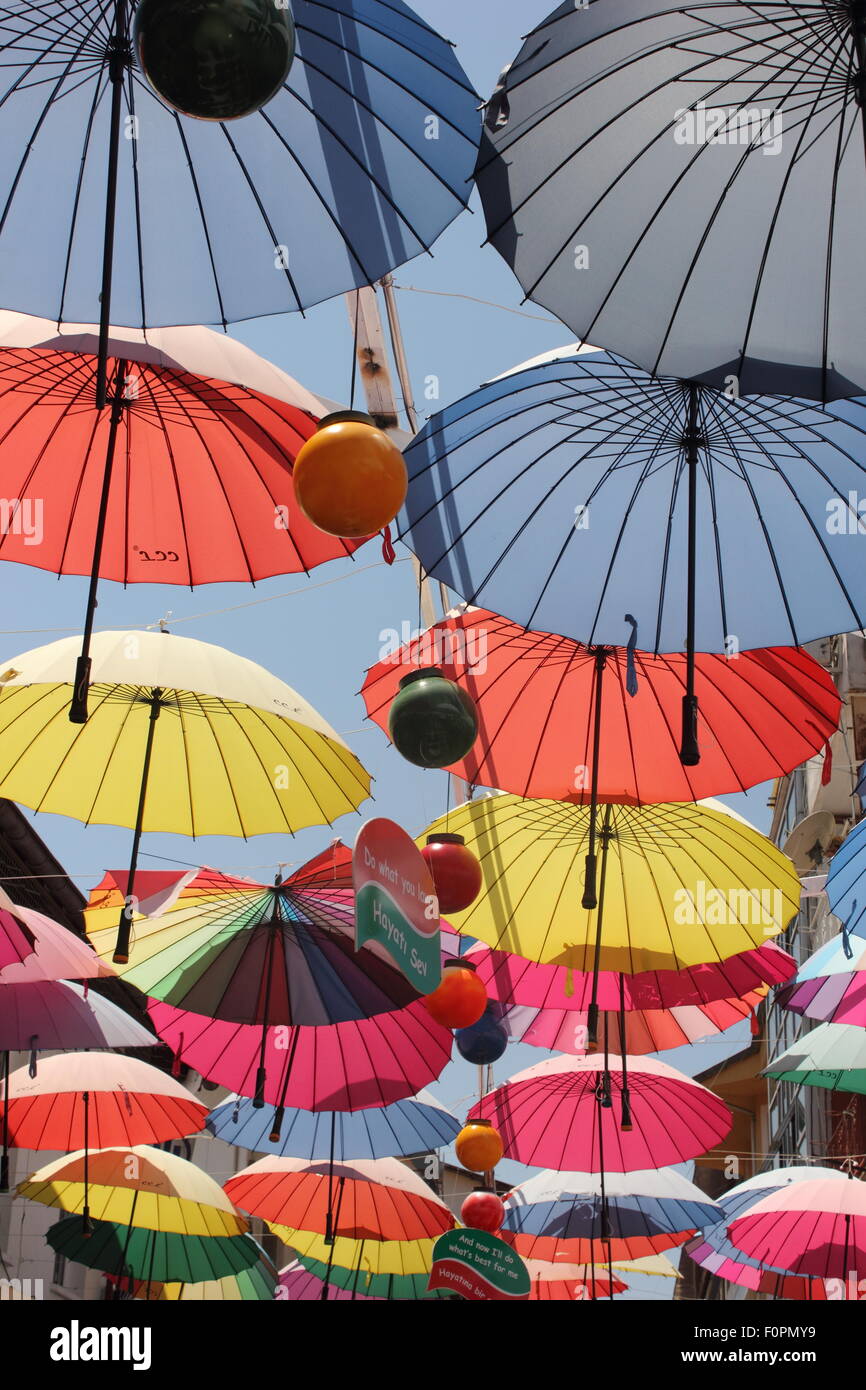Artistic umbrellas along the streets of fethiye in turkey Stock Photo ...