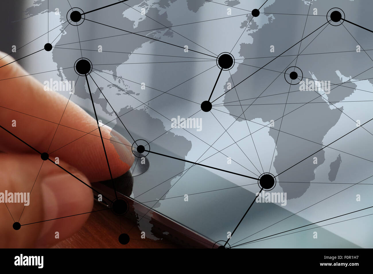 Close up of business man hand working on blank screen laptop computer ...