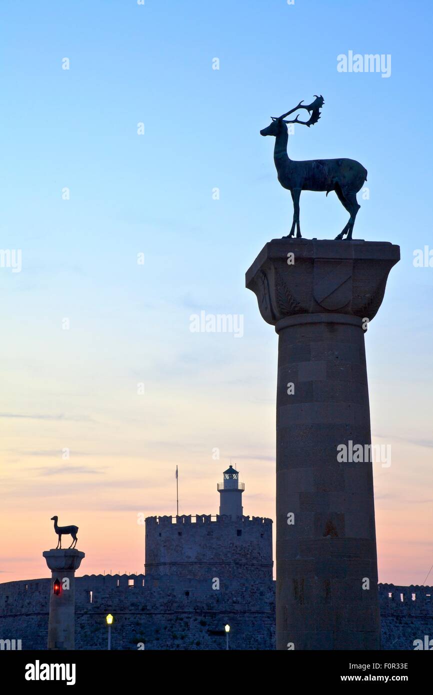 Bronze Doe and Stag Statues At The Entrance Of Mandraki Harbour, Rhodes ...