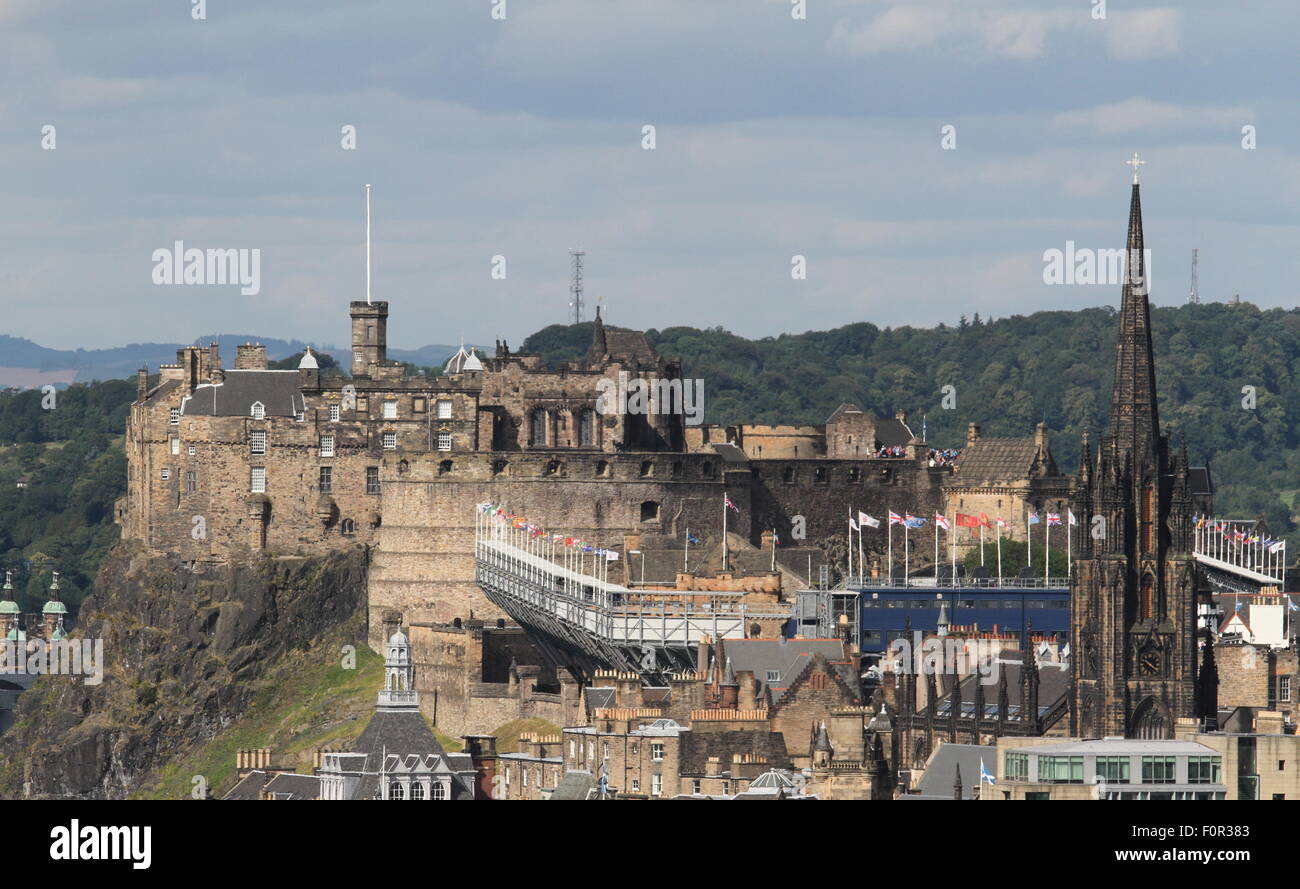 Edinburgh Castle Tattoo stage and spire of Cafe Hub Scotland August ...