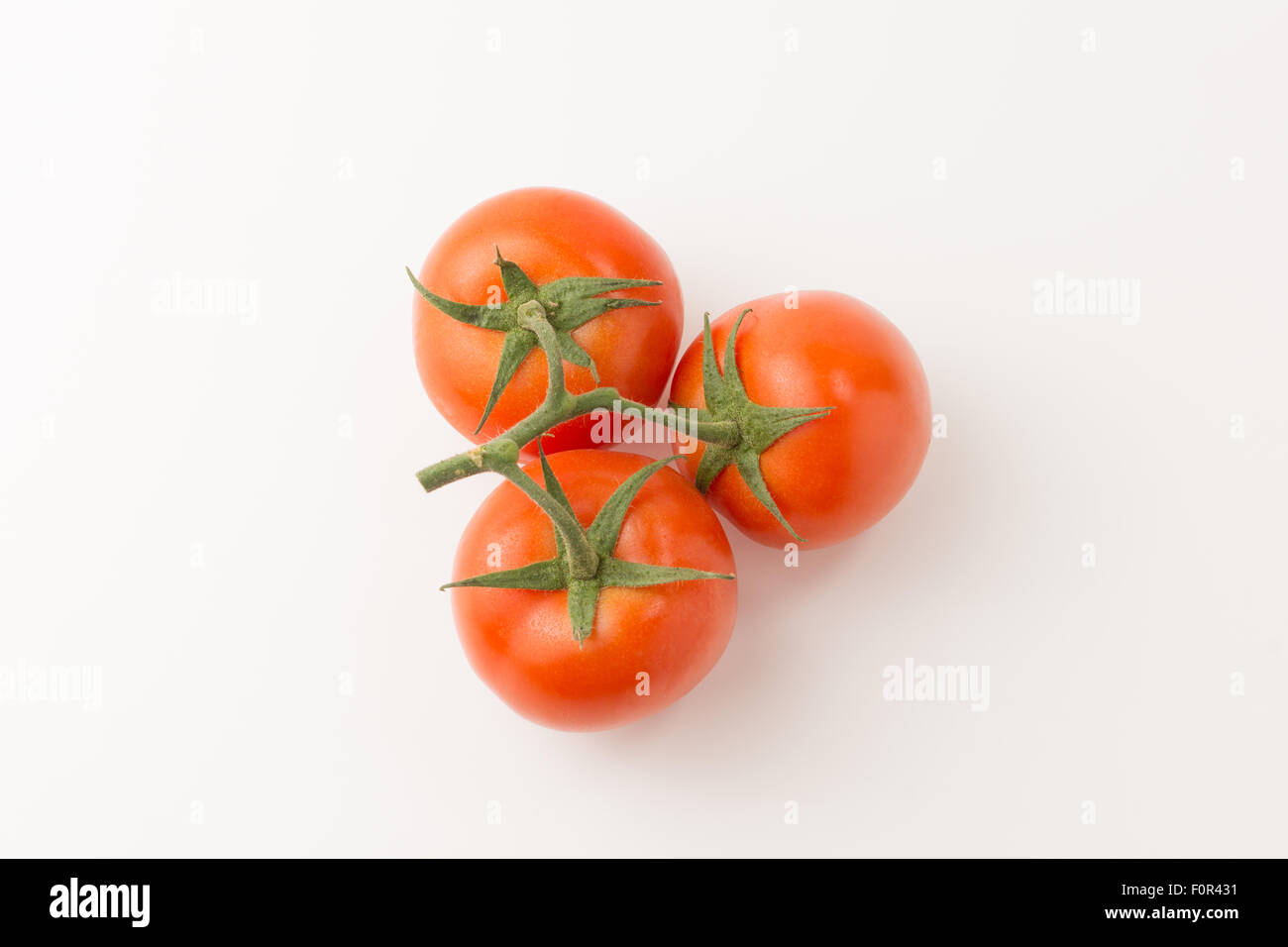 some small red tomatoes with a green branch on a white background Stock ...