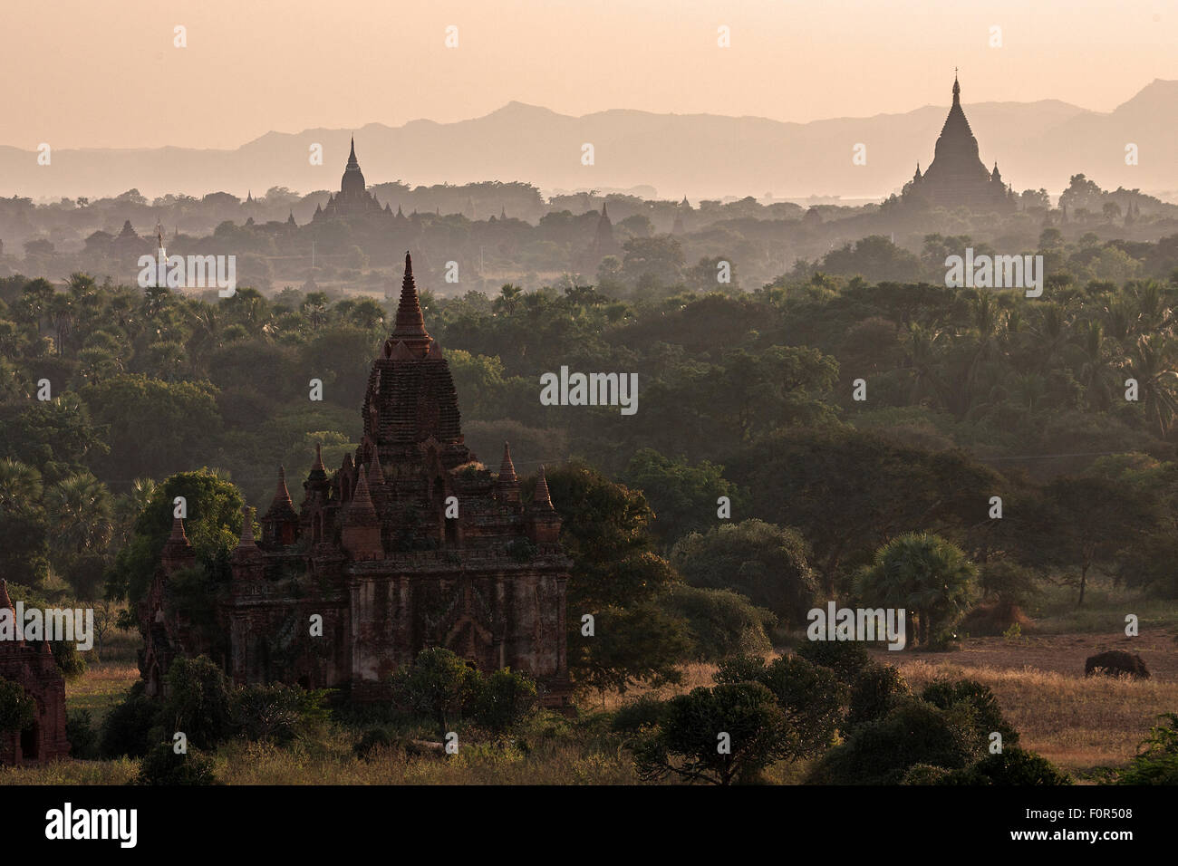 View of pagodas, temples, pagodas field, backlit, evening light, Bagan ...