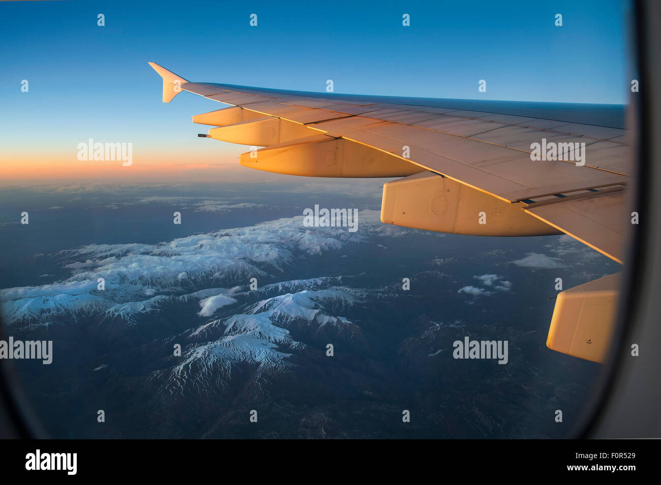 Wing of an Airbus A380-800 over snowy mountains, Balkan Mountains Stock ...