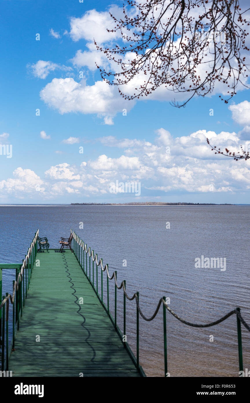 Quebec, Roberval, a footbridge with benches on the St Jean lake Stock ...