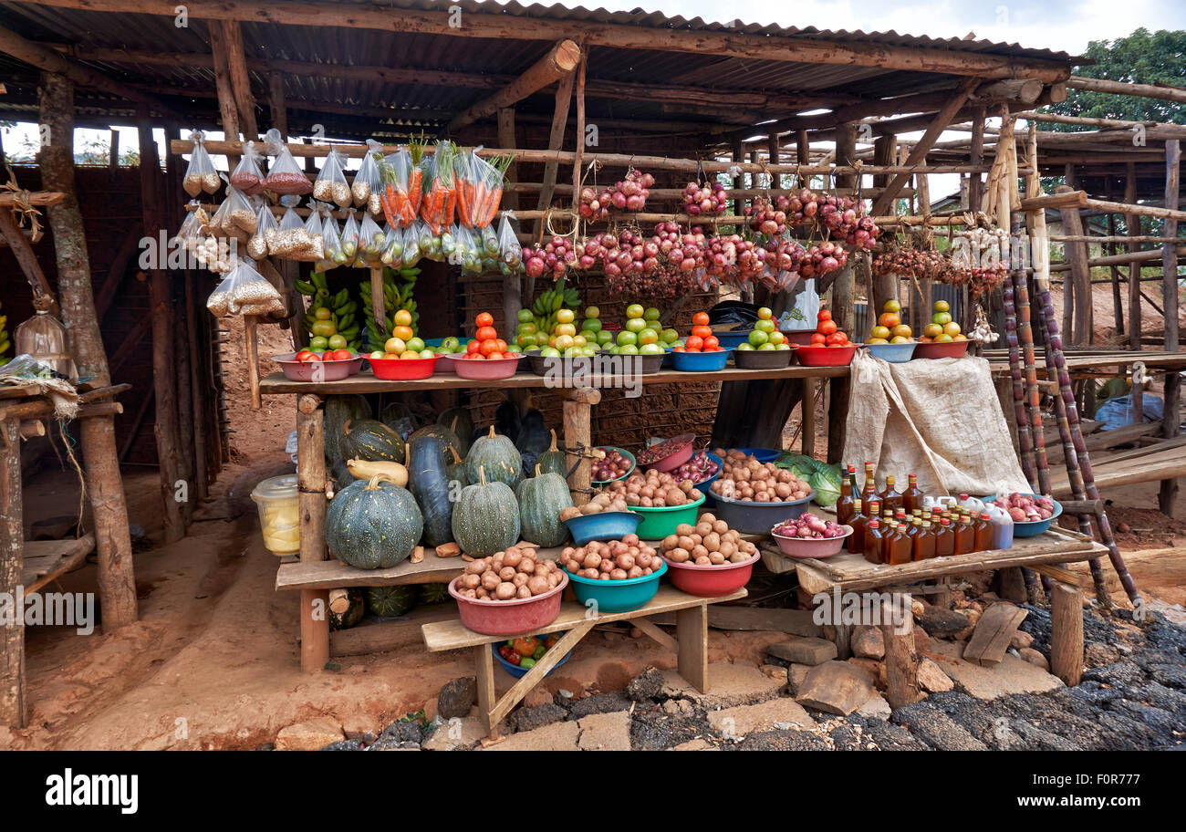 market stalls with fruits and vegetables beneath the road, Uganda ...