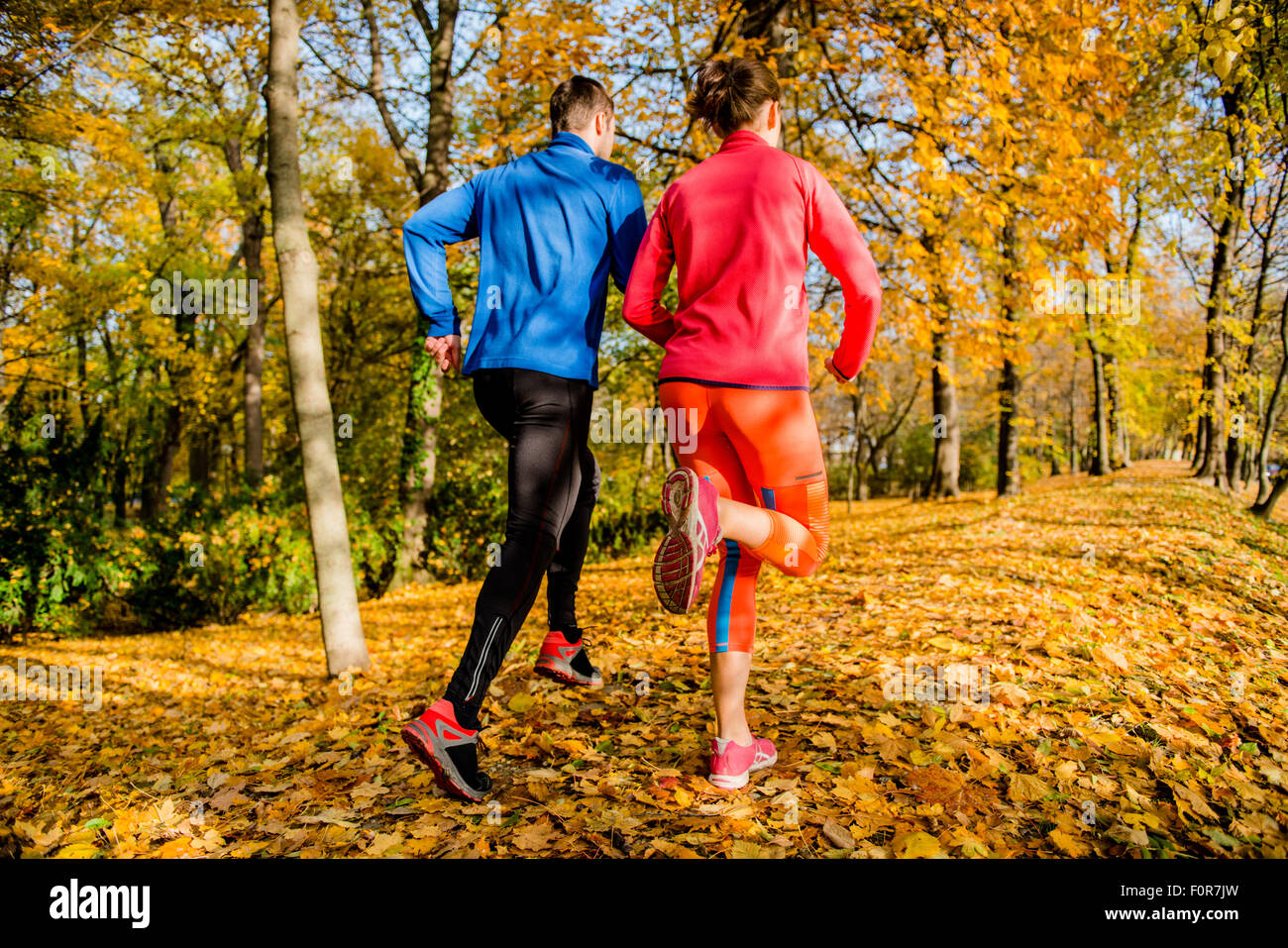 Running together - young couple jogging in autumn park, rear view Stock ...