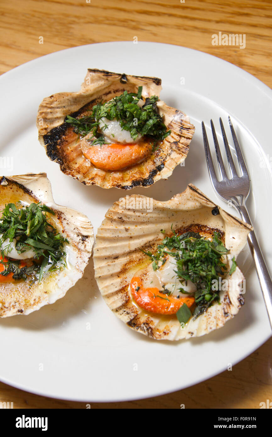 Wood roast scallops with sweet herbs and garlic butter Stock Photo - Alamy