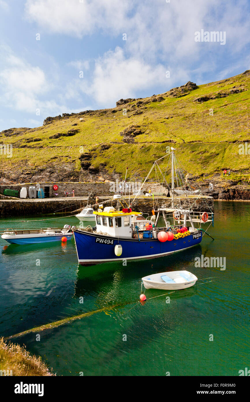 A colourful fishing boat in the harbour at Boscastle, north Cornwall ...