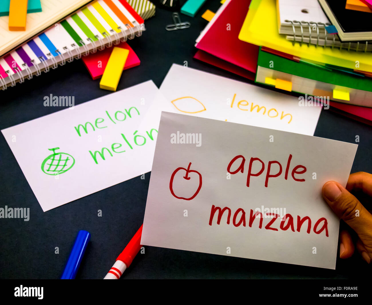 Learning New Language Making Original Flash Cards; Spanish Stock Photo ...
