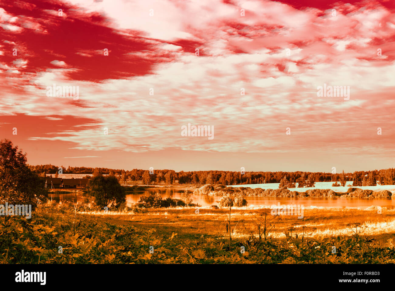 Countryside landscape in warm tones. Color interpretation made with red ...