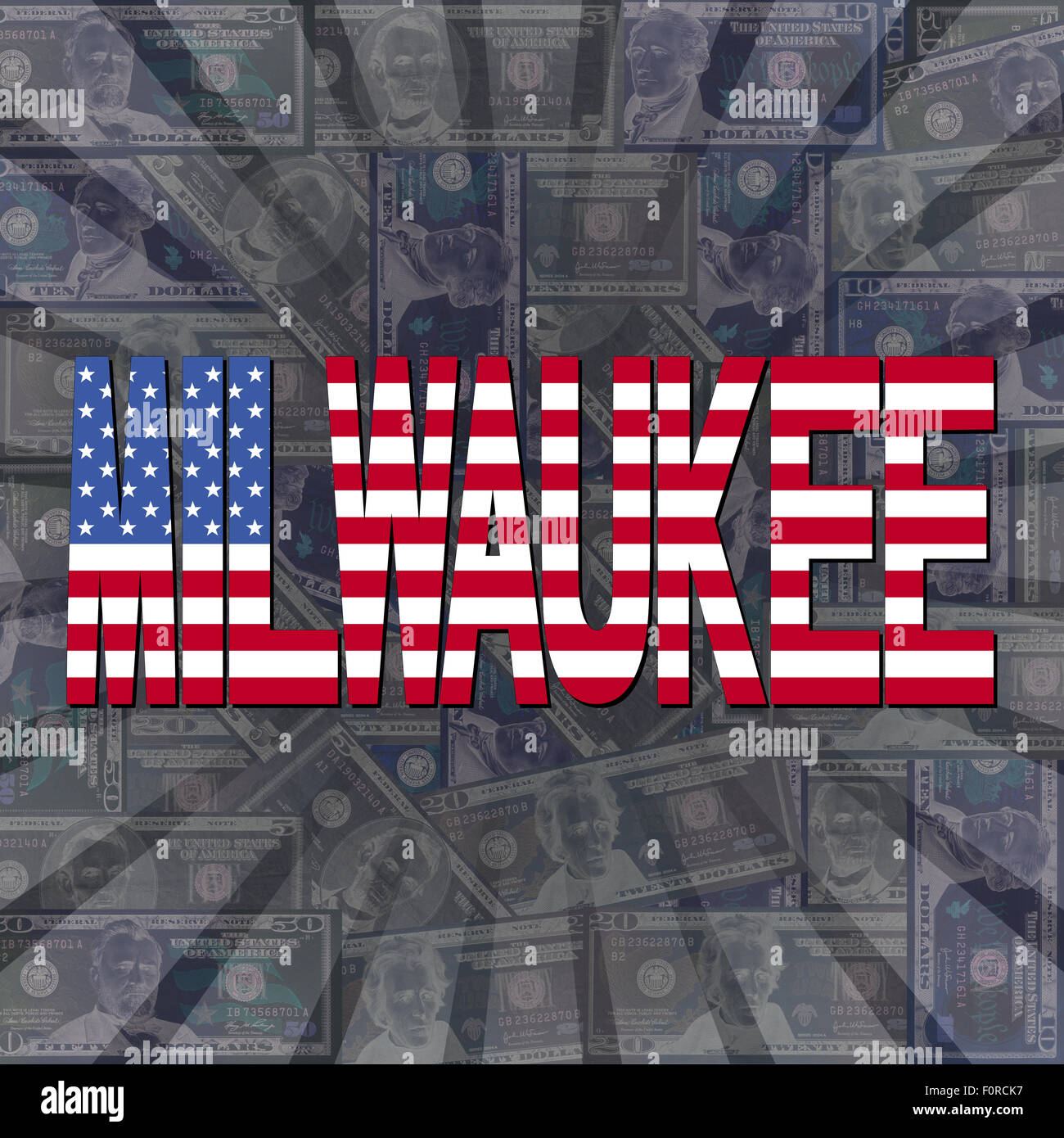 Milwaukee flag text on dollars sunburst illustration Stock Photo - Alamy