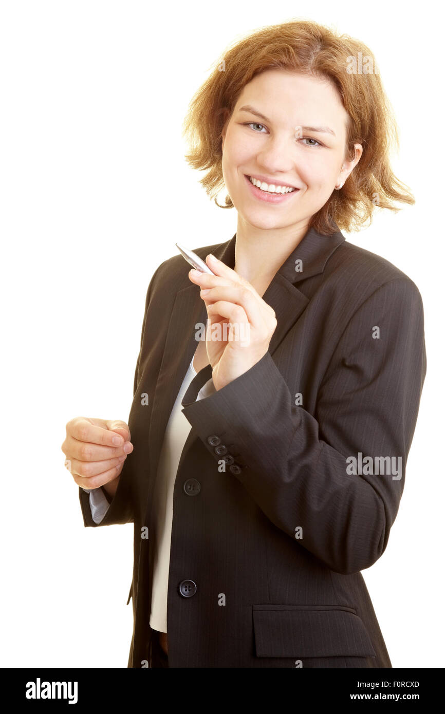 Happy business woman giving a speech Stock Photo - Alamy