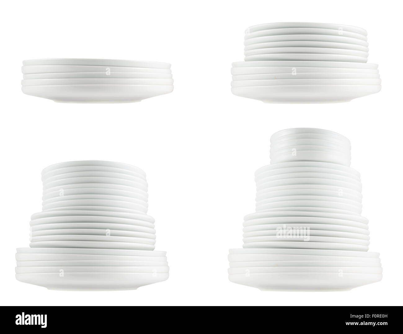 Accurate pile stack of the round ceramic white dish plates isolated ...