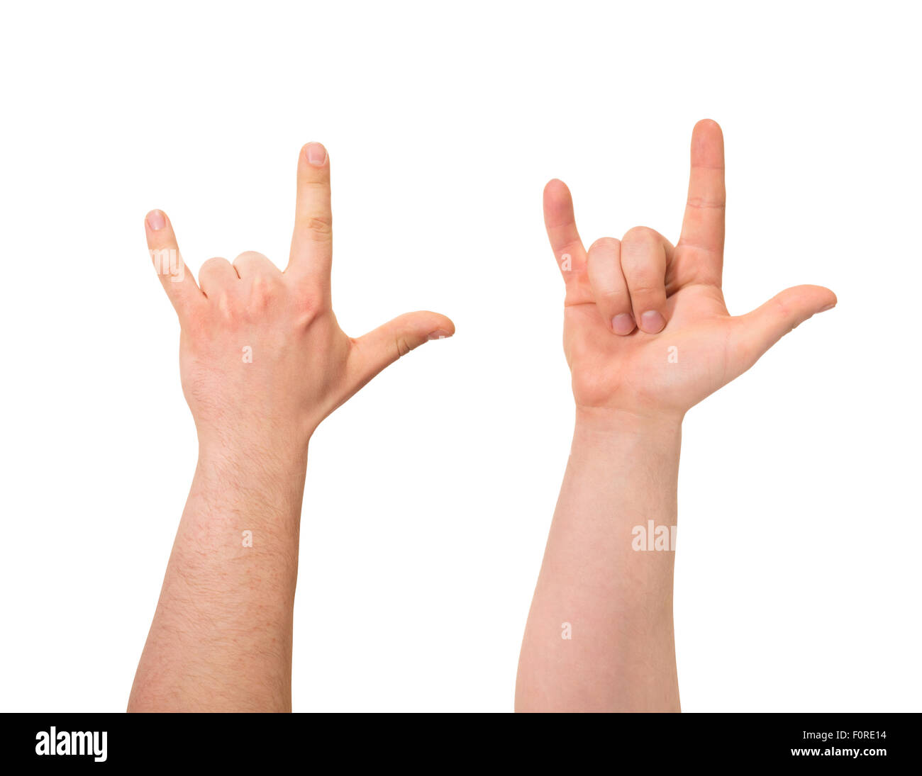 Sign of horns caucasian hand gesture isolated over white background ...