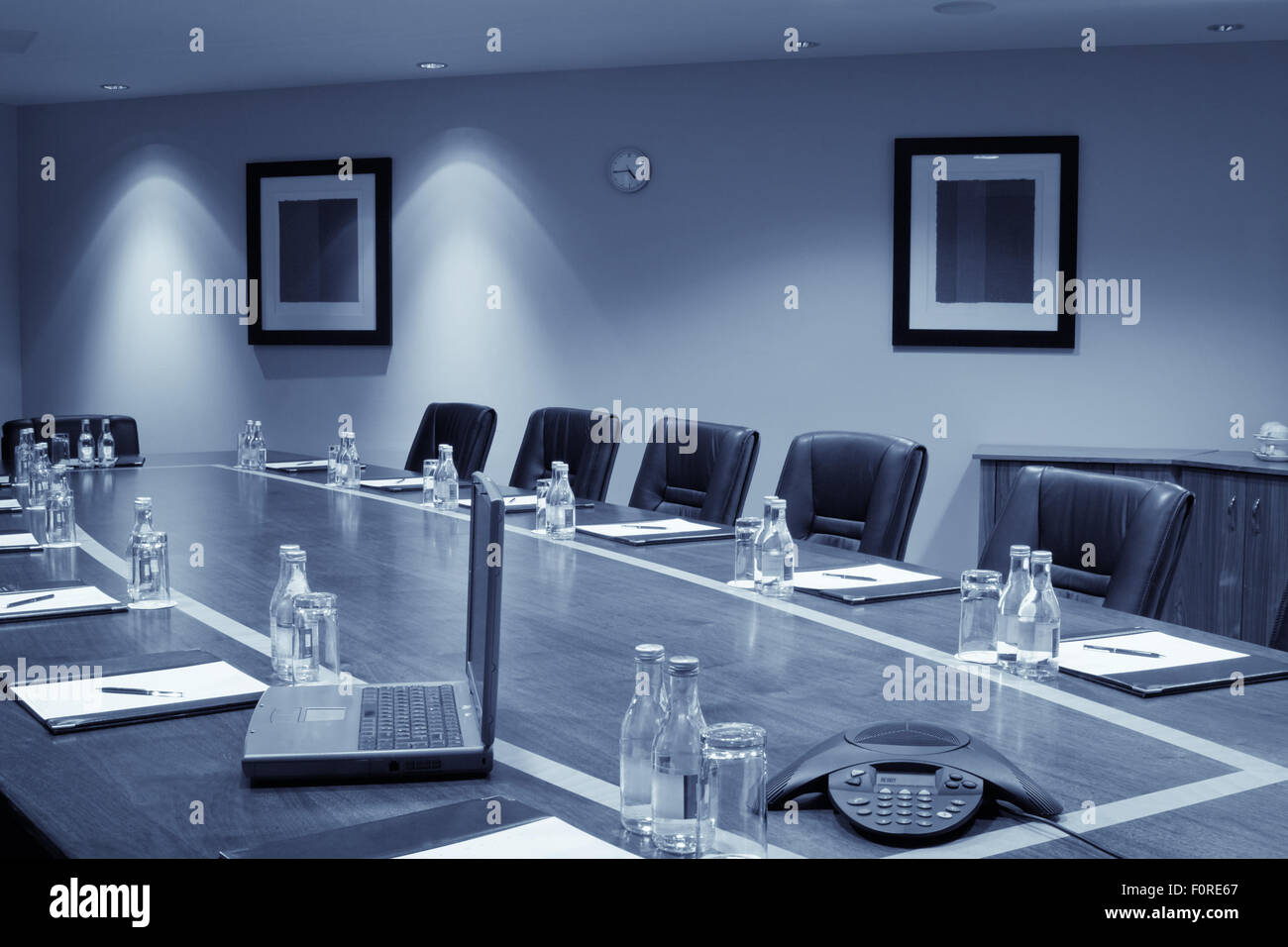conference hall Interior with table, raw of chairs and blocknotes Stock ...