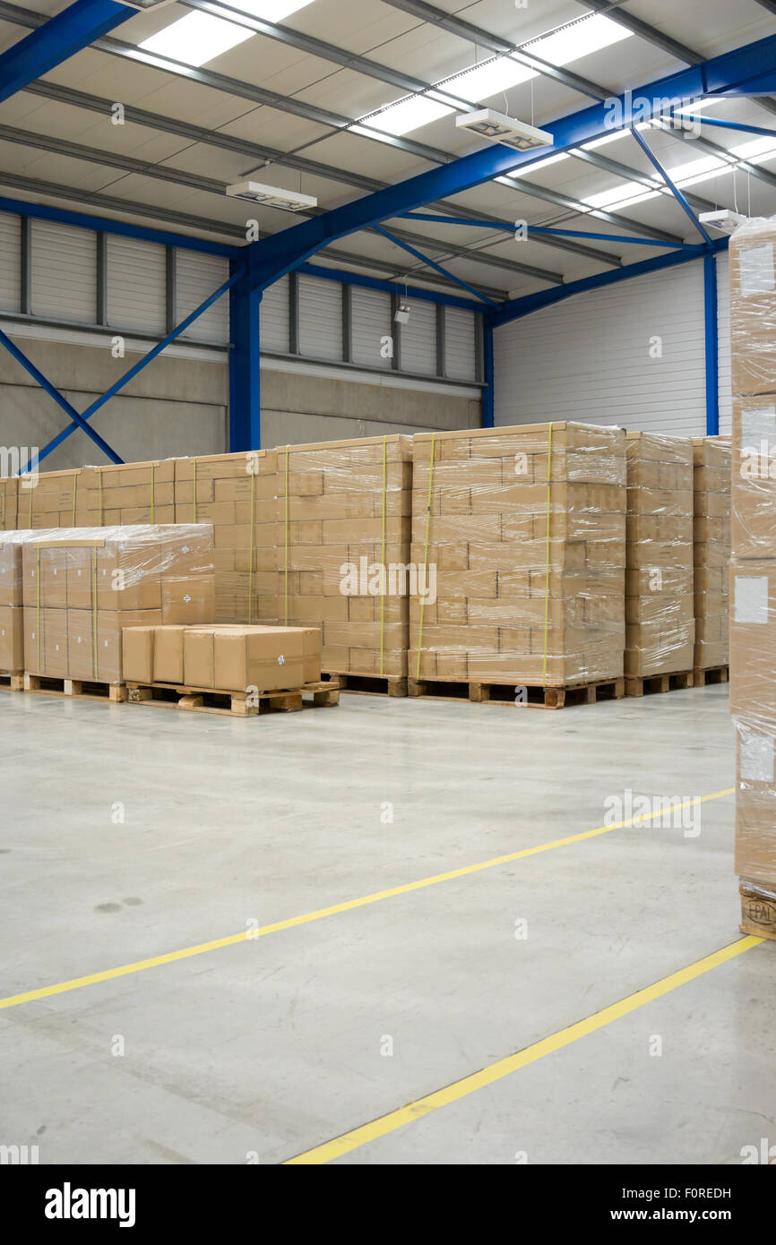 industrial warehouse interior and pallets with cardboard cartons Stock ...