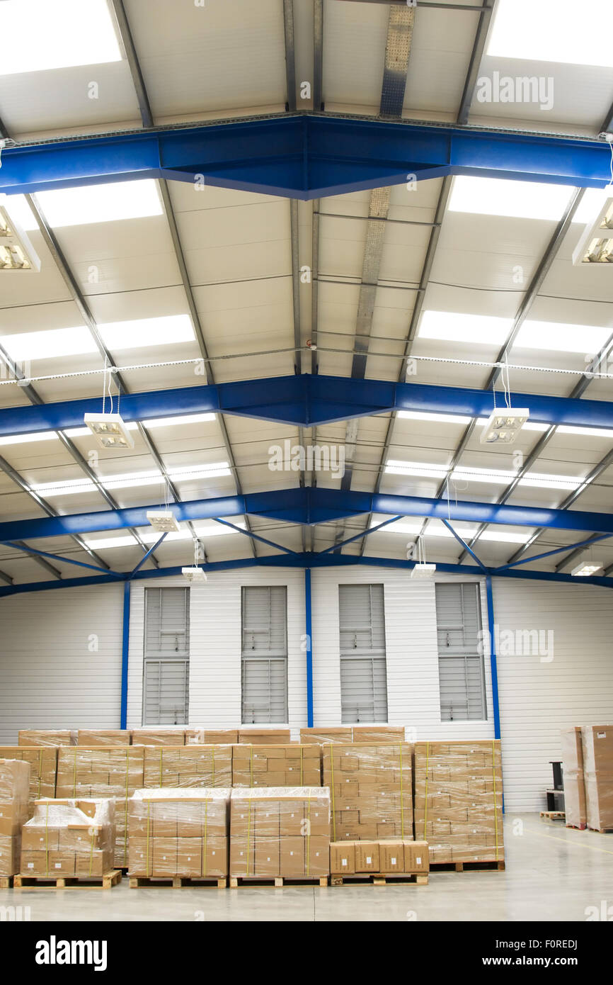 industrial warehouse interior and pallets with cardboard cartons Stock ...