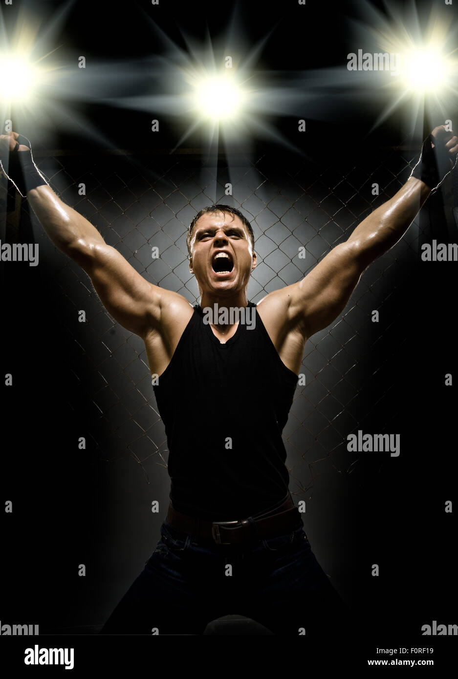 photo muscular young guy street-fighter, triumphant cries yell , hard ...