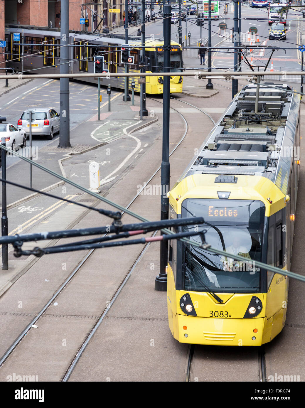 Metrolink trams, part of the public transport system in Manchester ...