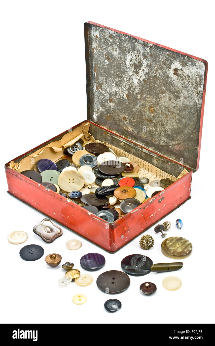 Clothing buttons collection in old tin box Stock Photo - Alamy