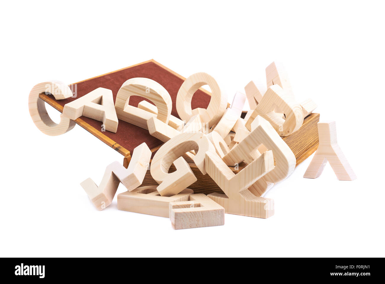Multiple wooden letters in a book Stock Photo - Alamy
