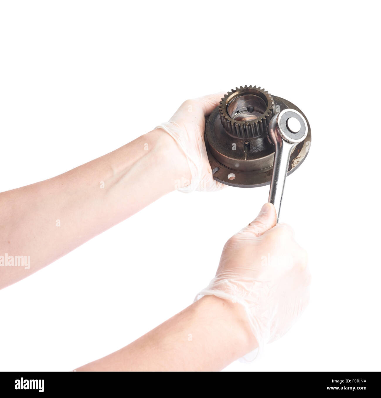 Worker's male hands holding engine's fragment Stock Photo - Alamy