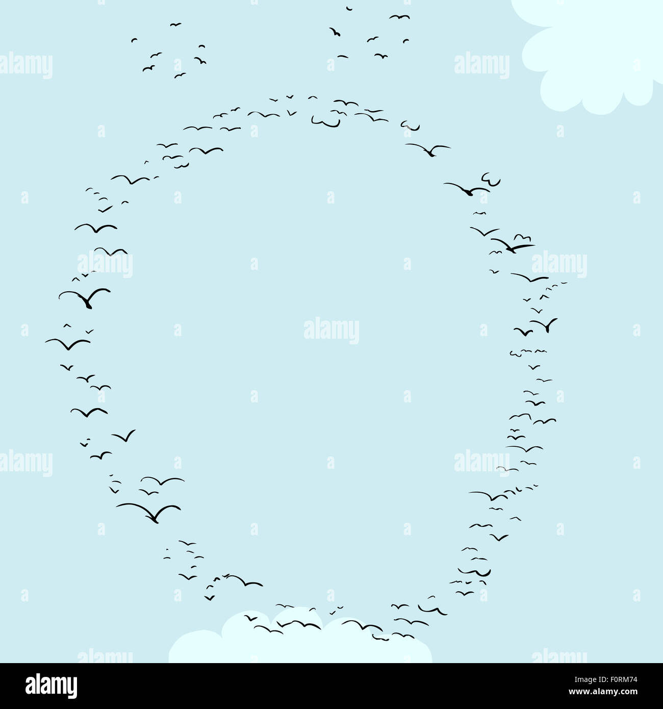 Illustration of a flock of birds in the shape of the letter diaeresis o ...