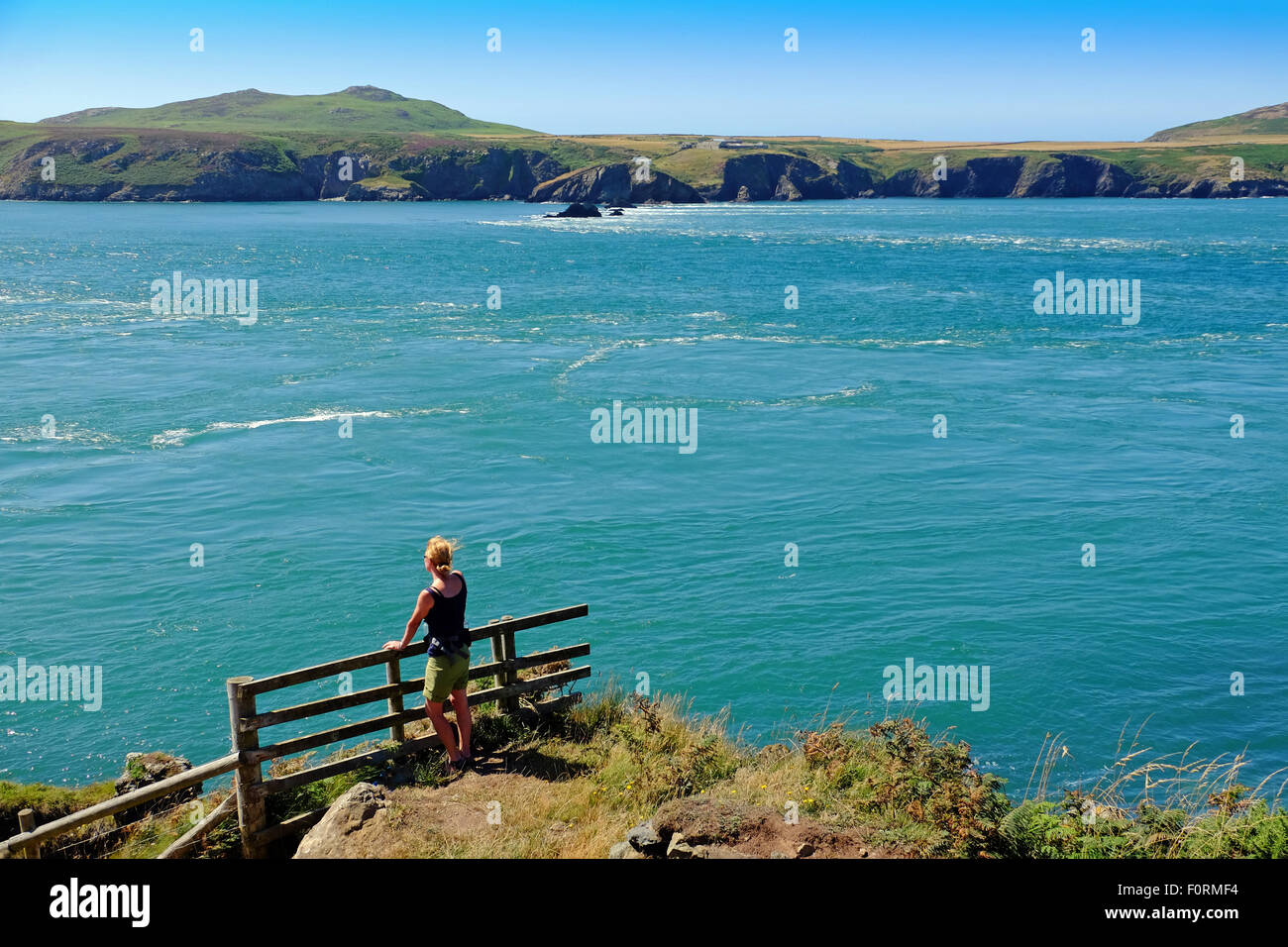 A woman observes strong tidal streams flowing in Ramsey Sound between ...