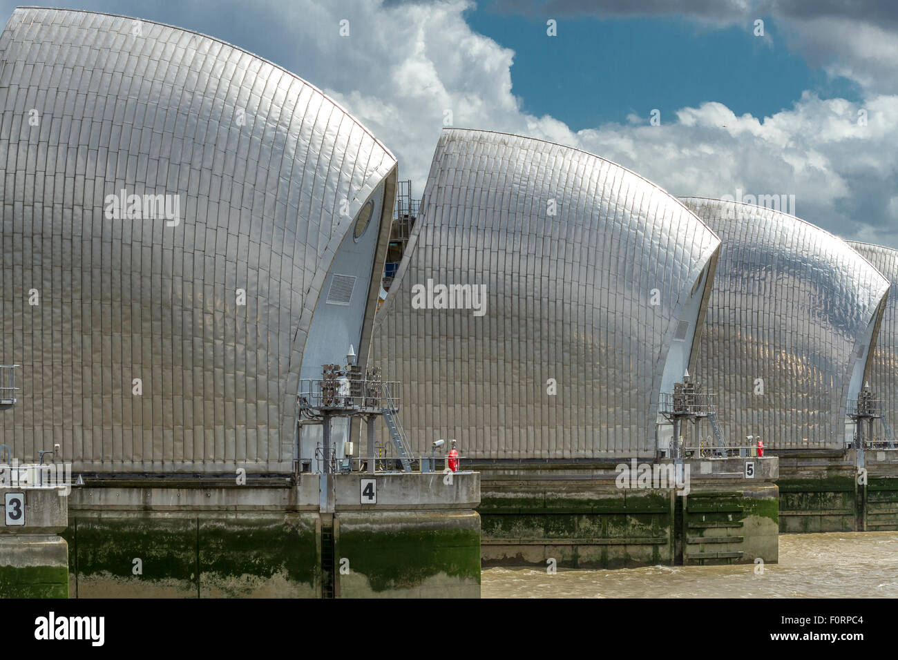 Close up of the Thames Barrier flood defence gates on the which protect ...