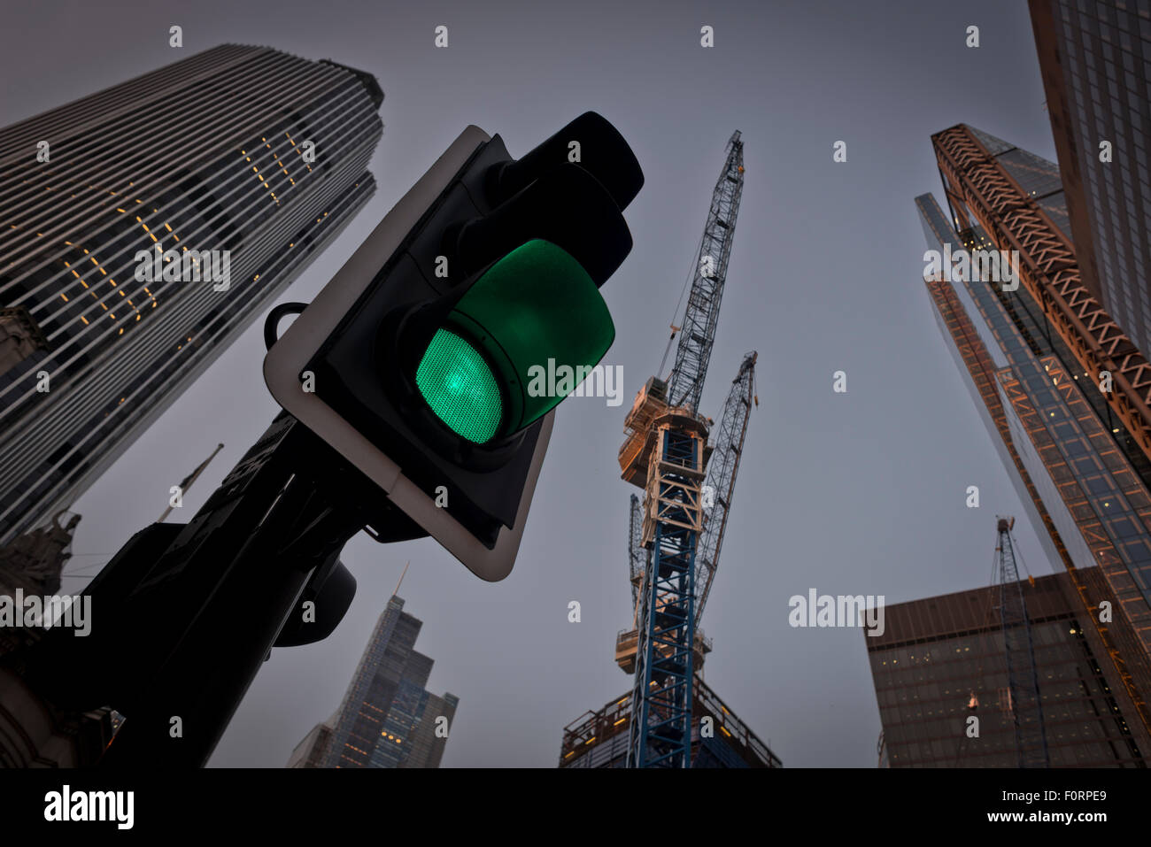 Construction site in central London with green traffic light Stock ...